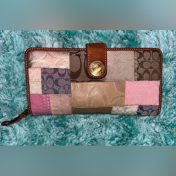 Coach | Bags | Coach Pink And Brown Patchwork Wallet With Gold Emblem ...